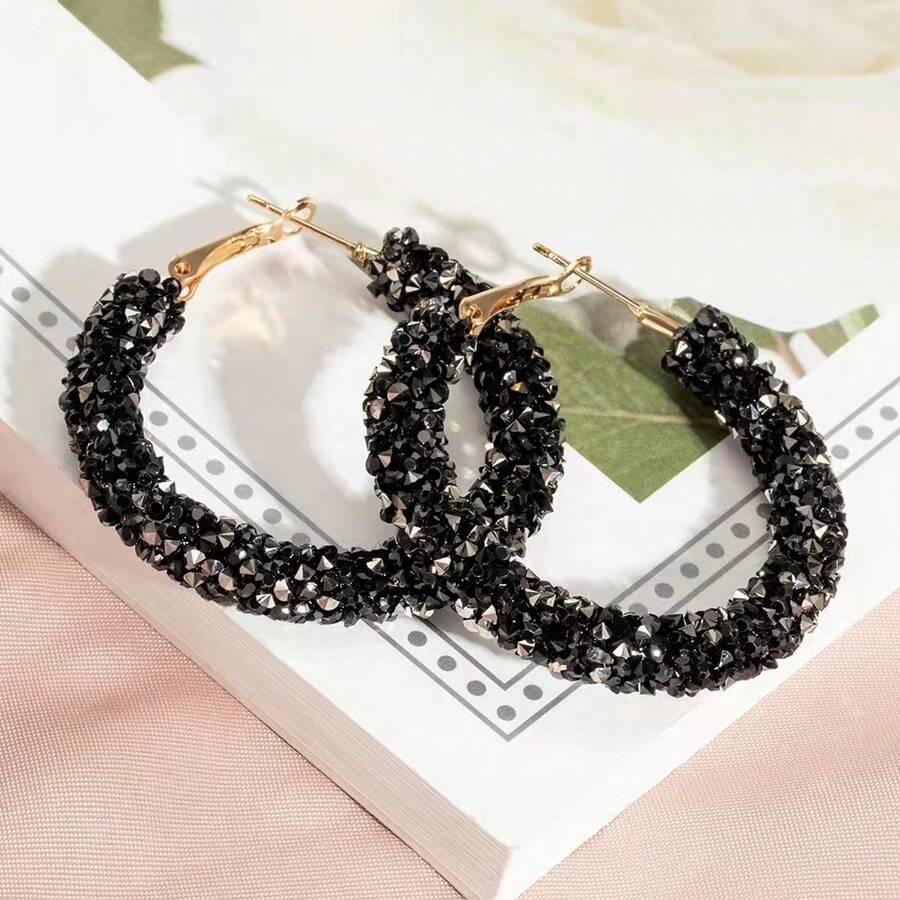 1 Pair Rhinestone Encrusted Big Round Hoop Earrings, Elegant Women's ...