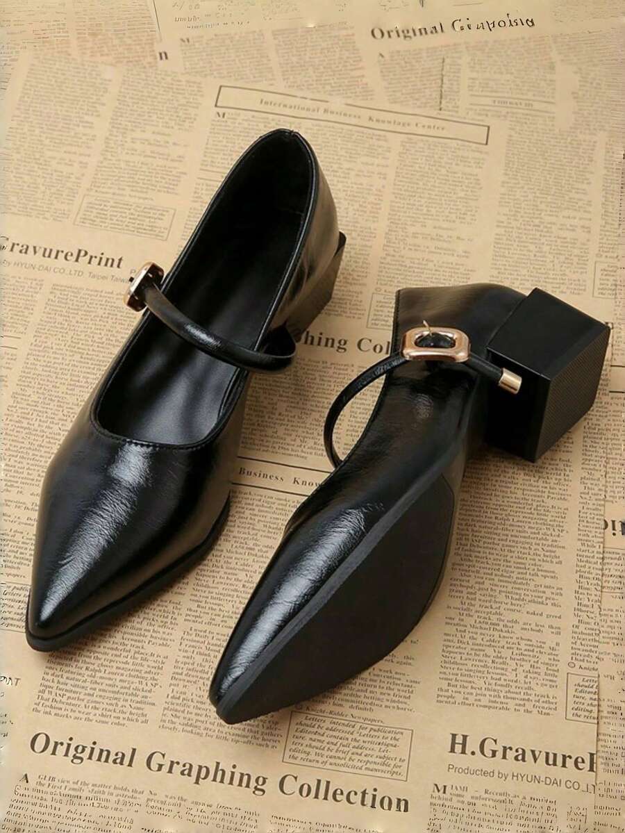 Pointed Toe Retro Spring Chunky Heel Elegant French Style Mary Jane ...