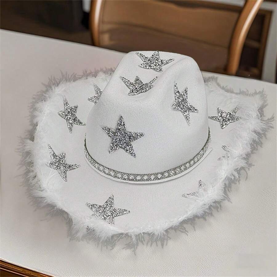 Women Cowgirl Hat, Shiny Stars Soft Furry Patchwork Wide Brim Hat ...