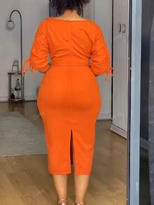 Orange Half Sleeve Ruched Waist Drawstring Slit Wrap Formal Evening ...