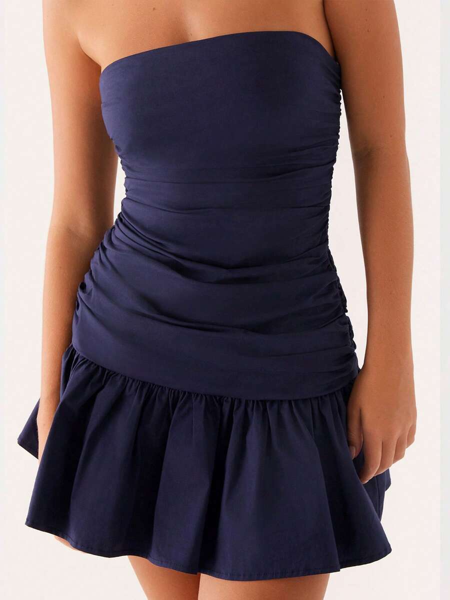 Women's Ruched Tube Top Dress Strapless Sleeveless Slim Fit Flare Dress ...