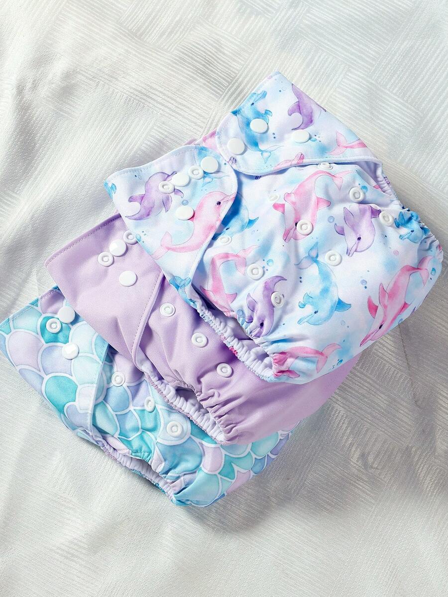 3pcs/Set Dolphin Print One Size Reusable Absorption Pocket Diaper ...