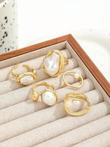 5pcs Set Retro Baroque Inspired Faux Pearl Asymmetrical Hollow Pearl Stackable Rings For Women ...