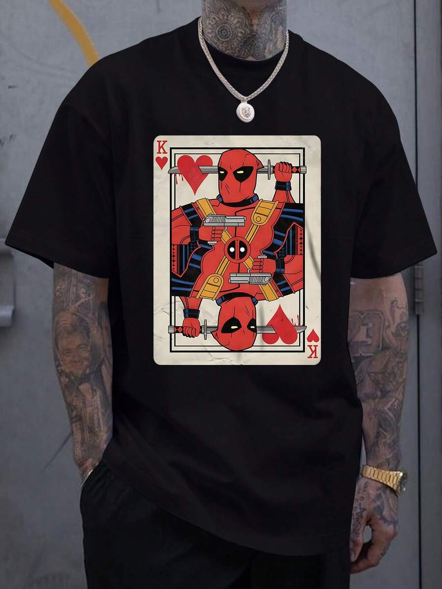 Men's Simple Poker Deadpool Graphic Print Round Neck Short Sleeve T ...