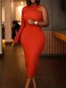 Solid Color Patchwork Backless One Shoulder Neck Long Sleeve Dress ...