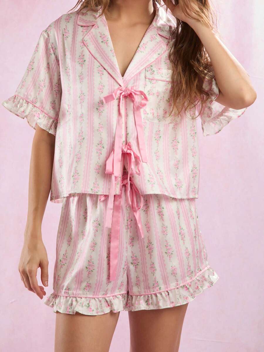Womens Cute Bow Tie Front Pajamas Summer Y2k Floral Pjs 2 Piece Outfits ...