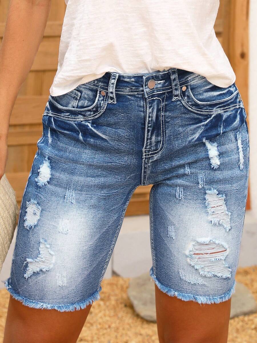 Ripped Raw Hem Denim Shorts | SHEIN USA