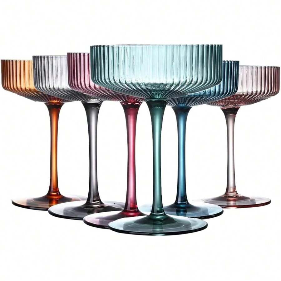 6-Pack Colored Art Deco Coupe Glasses – Vintage Ribbed Martini ...