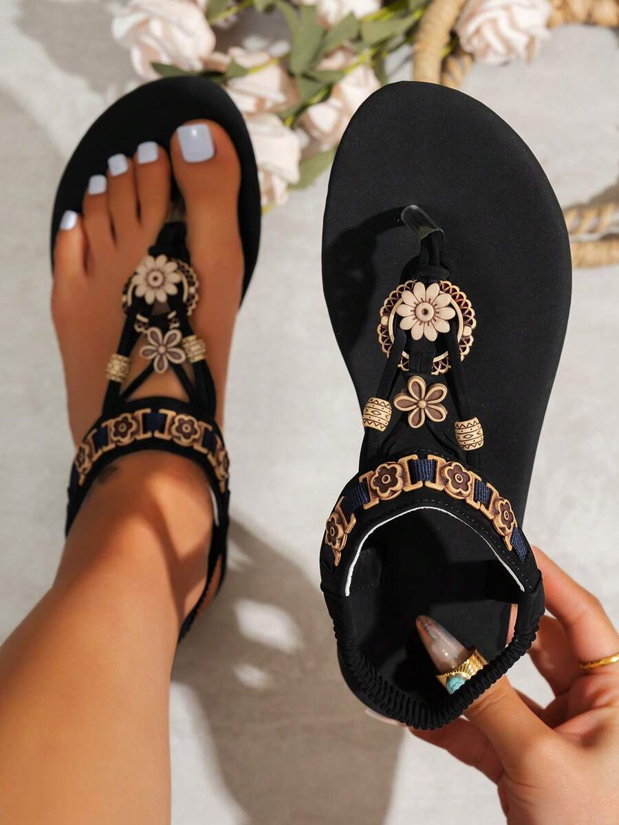 Fashion Round Toe Flat Beaded Sandals, Minimalist Retro Casual Beach ...