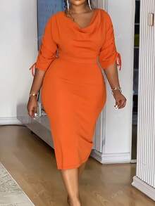 Orange Half Sleeve Ruched Waist Drawstring Slit Wrap Formal Evening ...