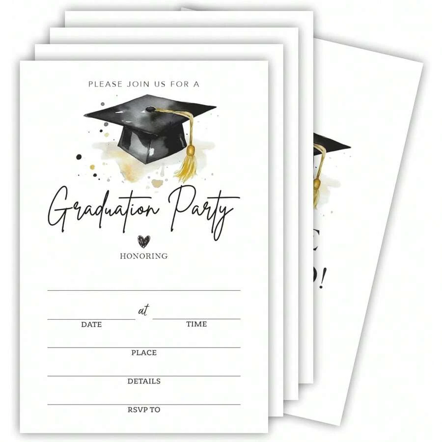 Graduation Party Invitation Cards -Watercolor Grad Cap - Double Sided ...