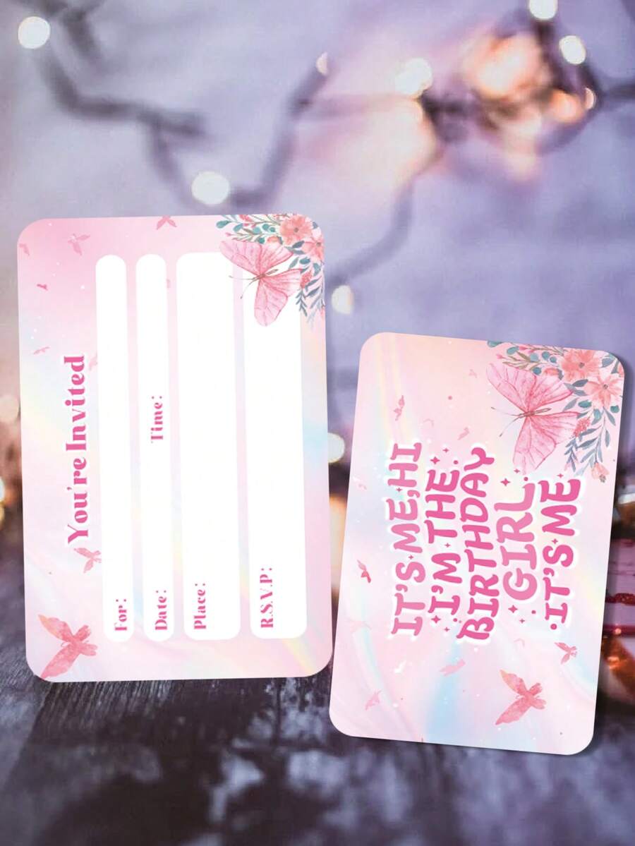 15pcs 2025 New Butterfly Floral Birthday Party Invitation Cards, Pink ...