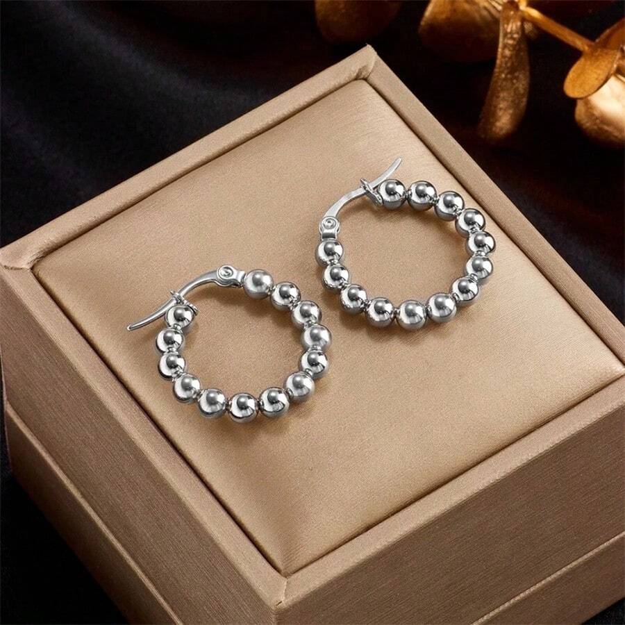 Silver Color Asymmetrical Hoops Stud Earrings Stainless Steel Round ...