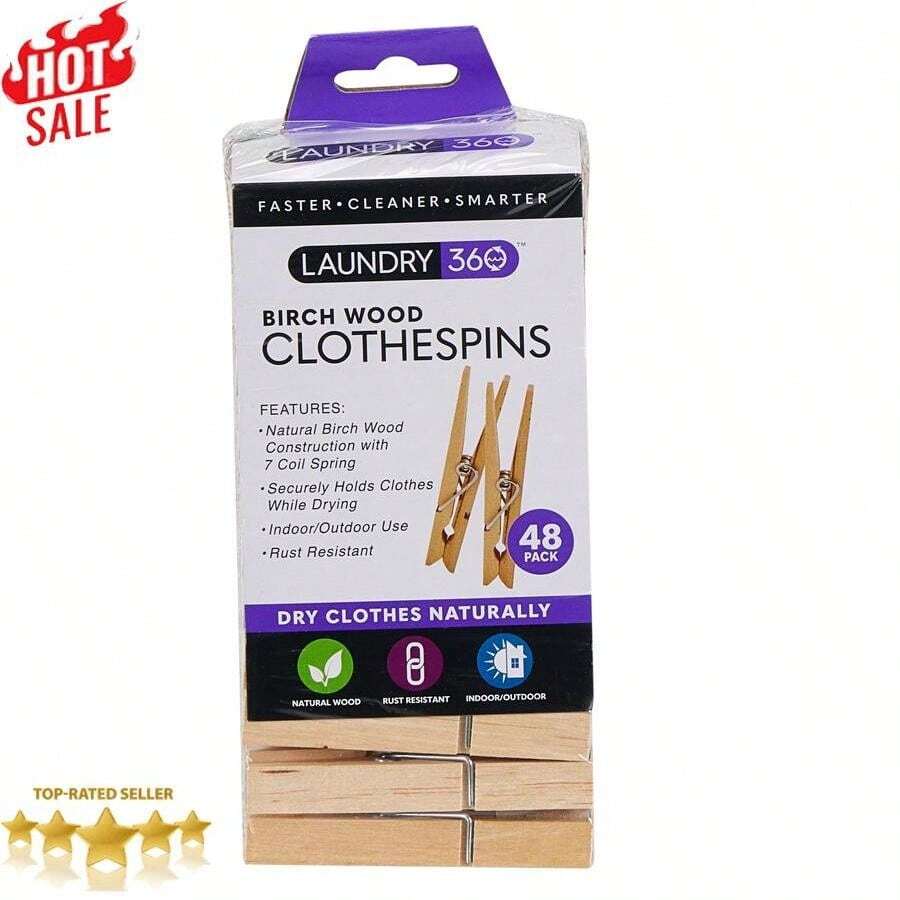 Birch Wood Clothes Pins 48 Count Spring Loaded Rust Resistant Indoor ...