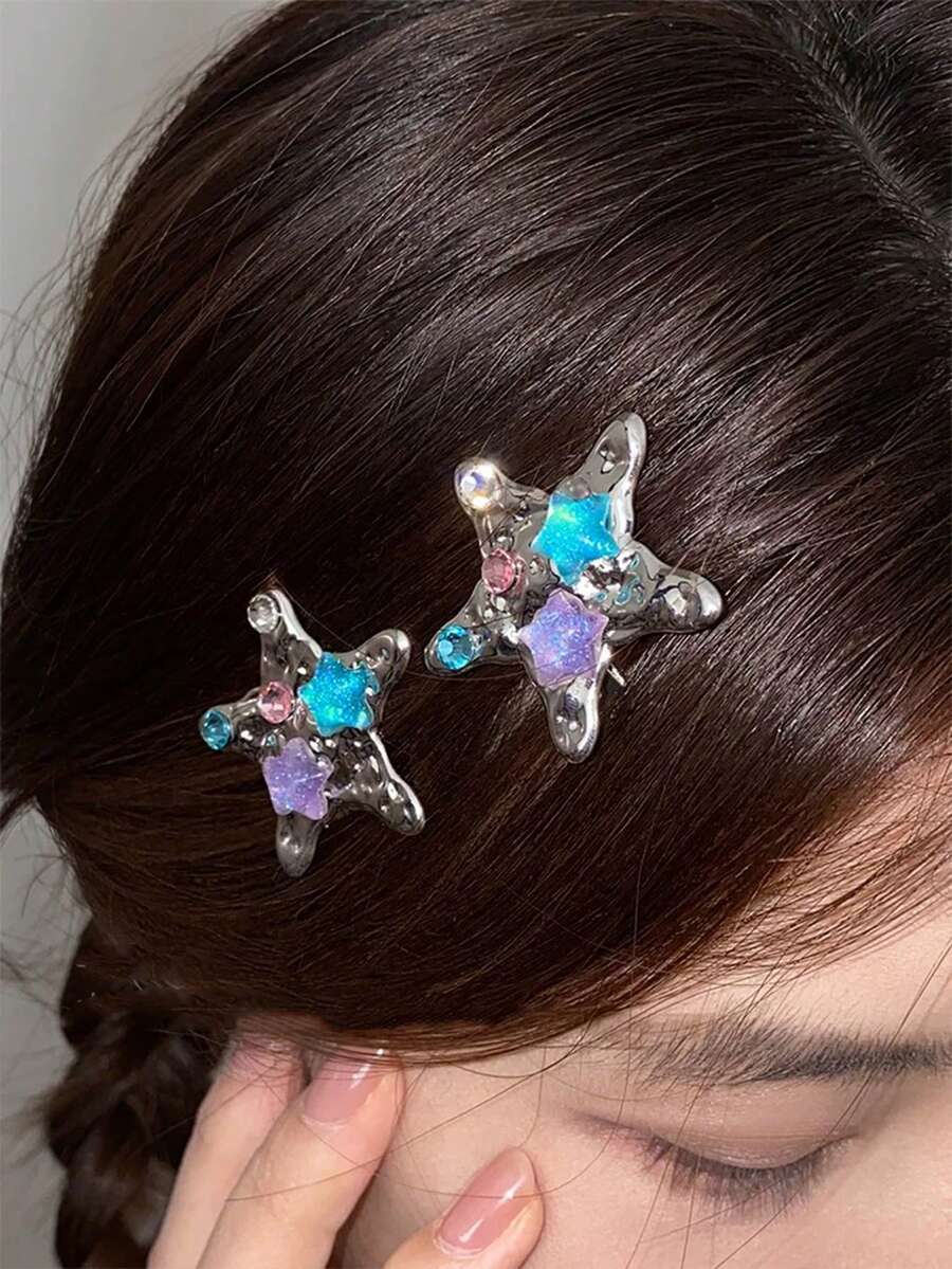 2pcs/4pcs Color Star Hairpin Female Metal Y2K Girl Heart Lovely Duck ...