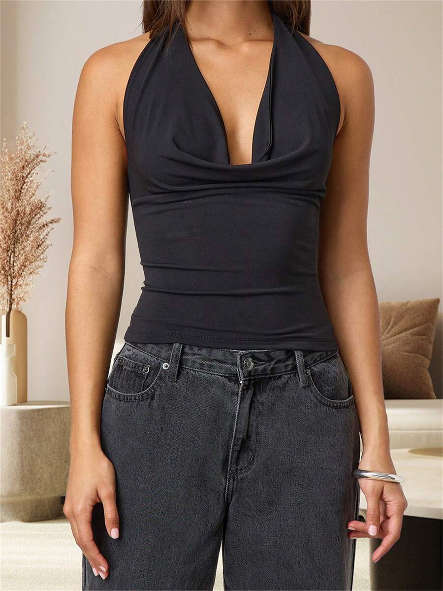 Women Halter Tops Summer Floral Print/Solid Color Cowl Neck Backless ...