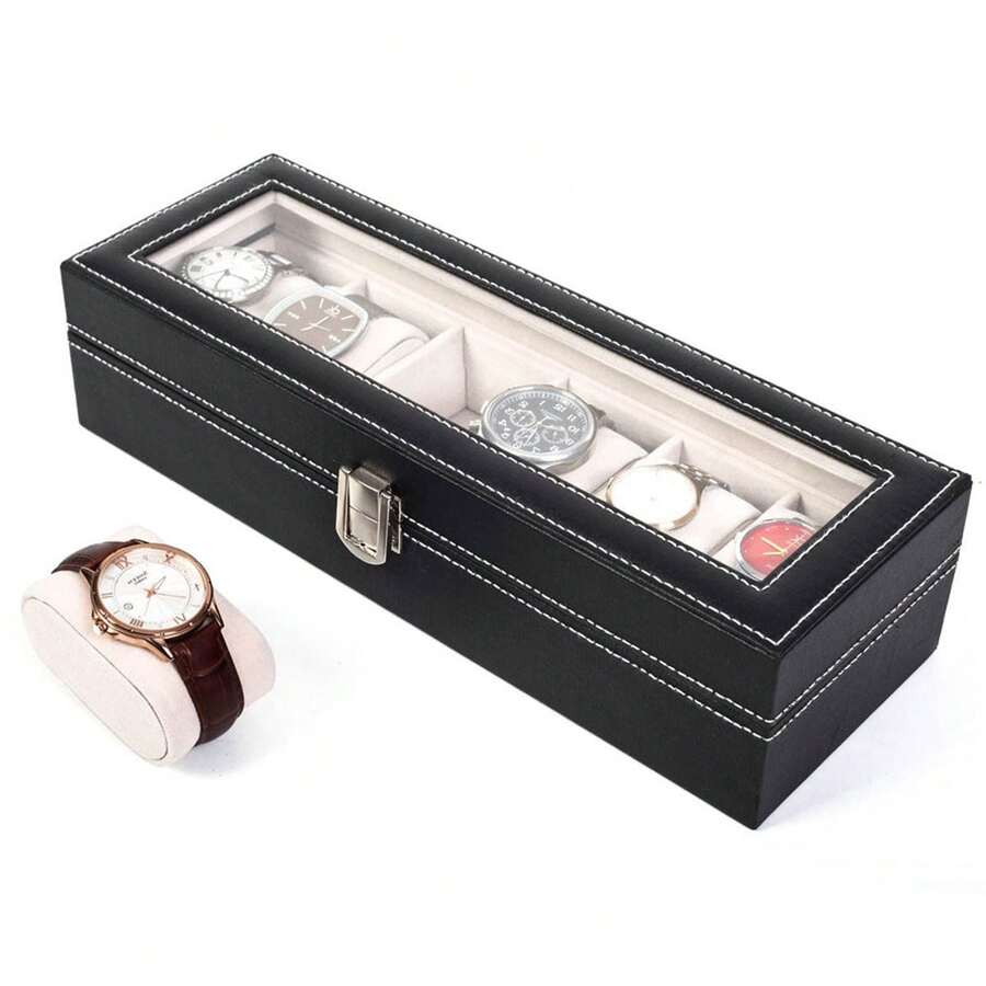 6 Compartments High-Grade Leather Watch Collection Storage Box Black ...
