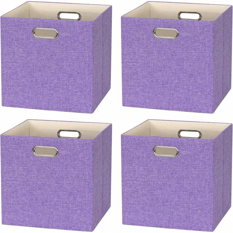 Set Of 4 Collapsible Linen Storage Cubes - 13x13x13 Inches Fabric Bins ...