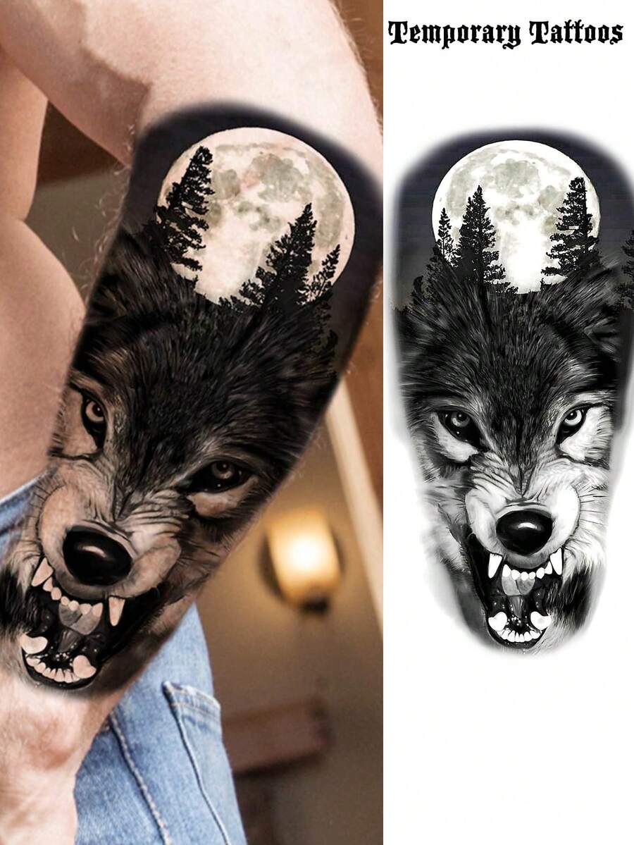 1 Sheet Wolf Temporary Tattoos For Women Men Arm Thigh Legs Forearm ...