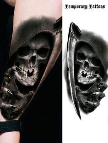 1 Sheet Death Halloween Skeleton Skull Temporary Tattoos For Women Men ...