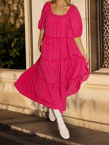 Women Maternity Plaid Ruch Tiered Maxi Dresses Short Puff Sleeve Square ...