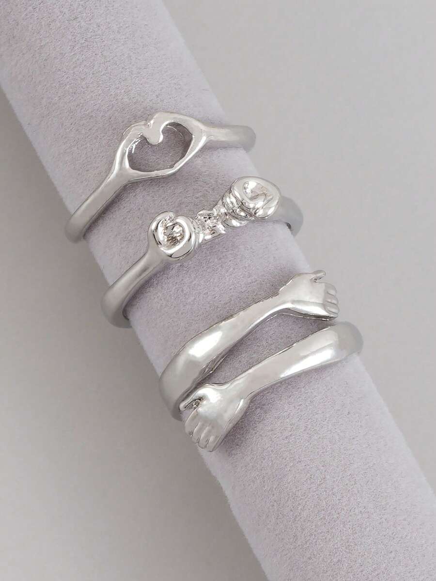 3pcs/Set Unique Heart Gesture Promise Rings, Silver Color, Ideal Gift ...