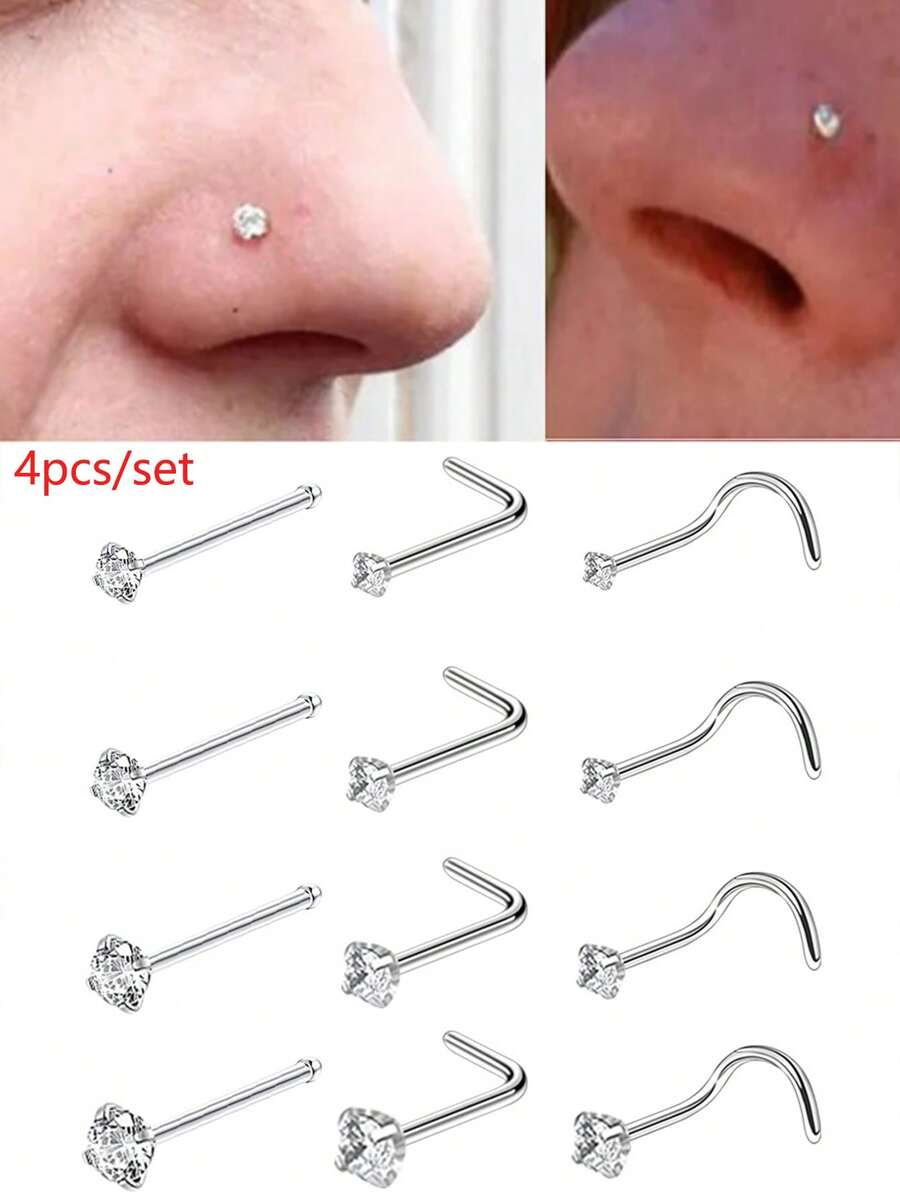 4pcs/Set Minimalist & Stylish Stainless Steel Men's Nose Studs, L-Bar ...