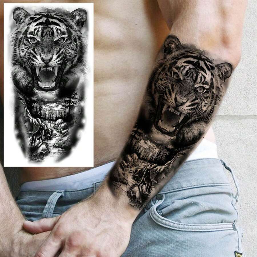 1 Sheet Tiger Forest Temporary Tattoos For Women Men Arm Thigh Legs ...