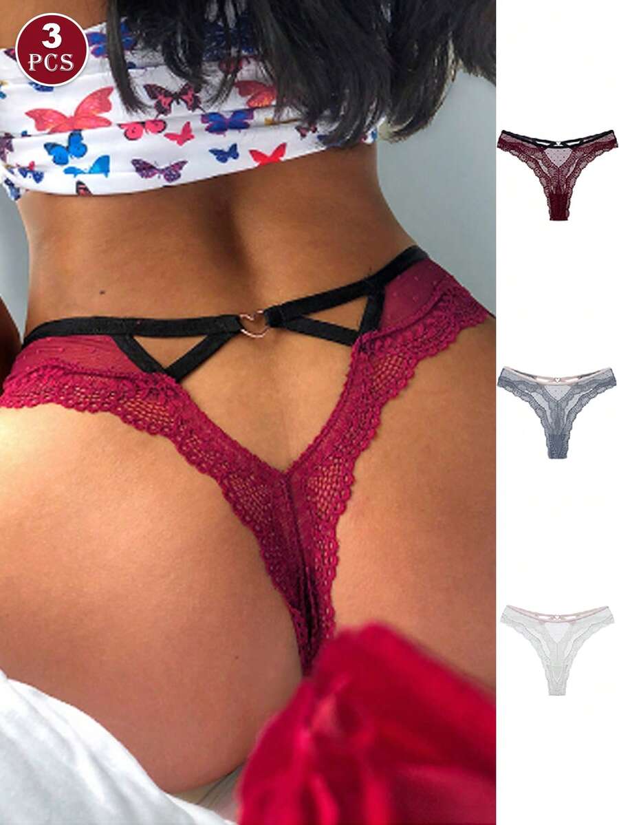 3pcs/Set Women's Multicolor Lace Mesh See-Through Sexy Low Waisted Thongs | SHEIN USA