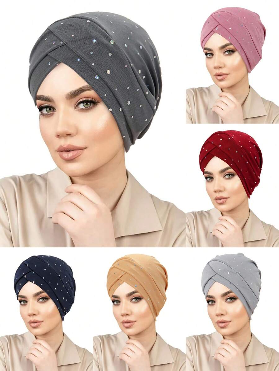 1pc New Perforated Forehead Crossover Beanie Cap, Rhinestone Decor ...