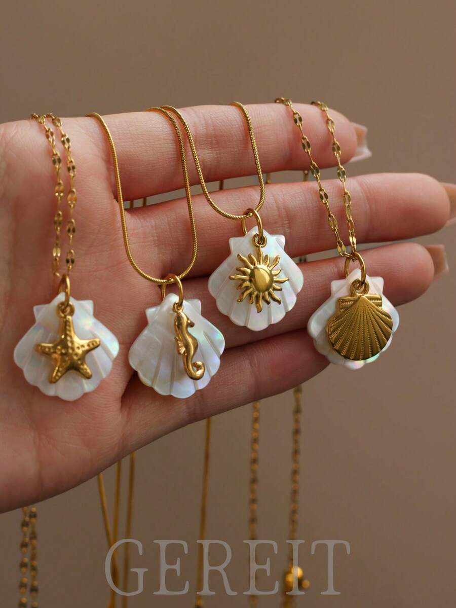 1pc 18K Stainless Steel Iridescent Shell Sun Starfish Seahorse Pendant ...