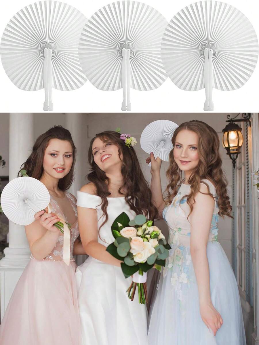 12pcs White Round Folding Paper Fans Wedding Ceremony Decorations White ...