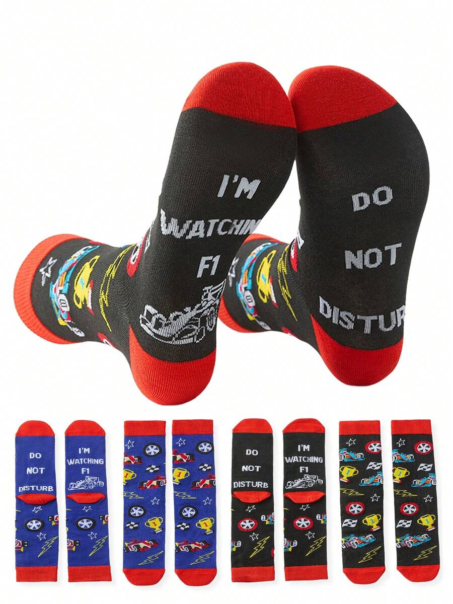 4 Pairs Racing Car Patterned Socks, Unique Gift For Car Enthusiasts ...