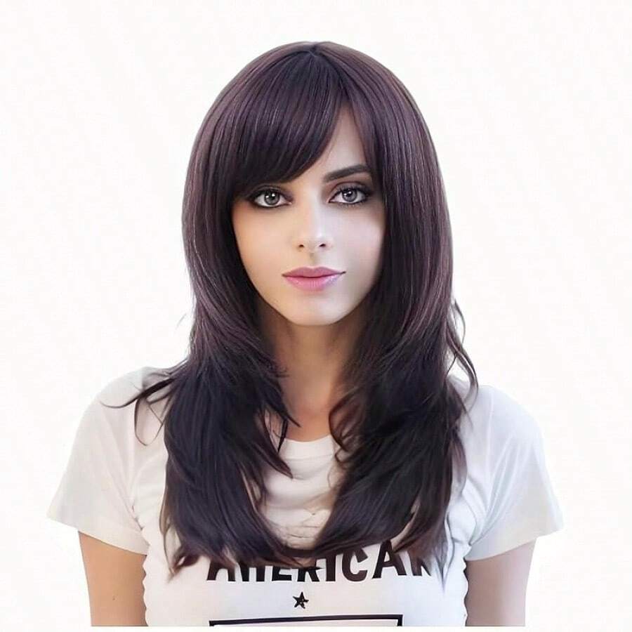 Vintage Wigs Dark Brown Rednish Maroon Wig For Women Lady Natural ...