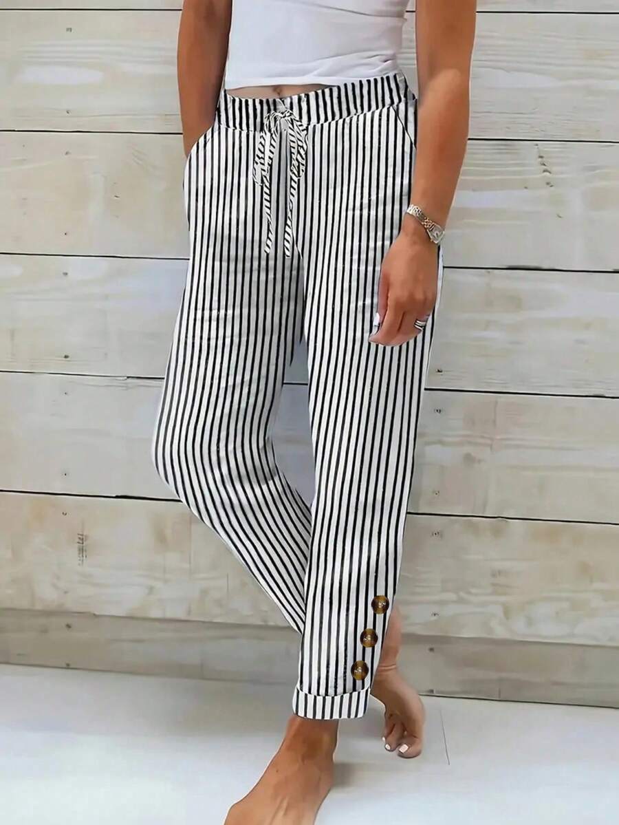 Women's Casual Striped Suit Pants With Button Side Pockets , Loose Fit ...