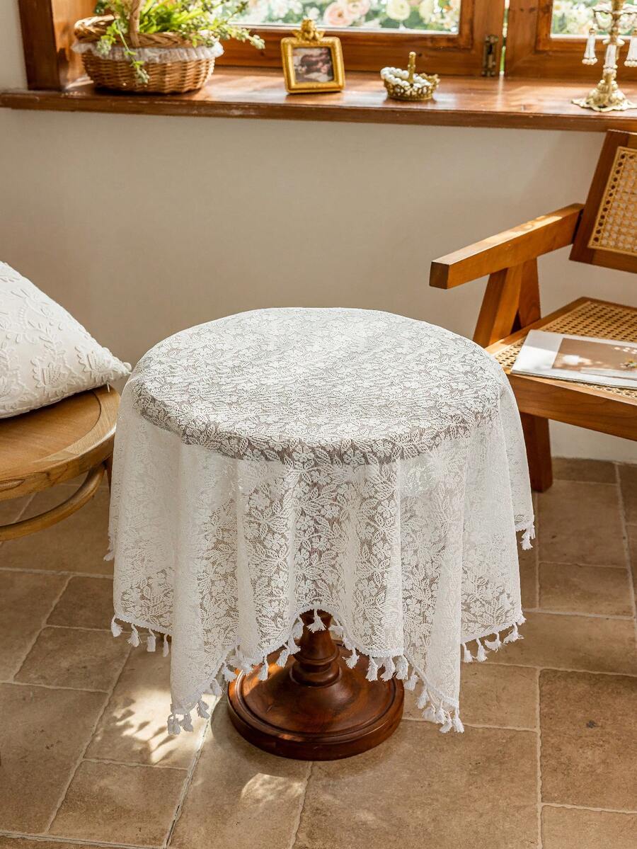 1 Piece Of Lace Small Round Tablecloth, French Style, With Tassel Lace ...