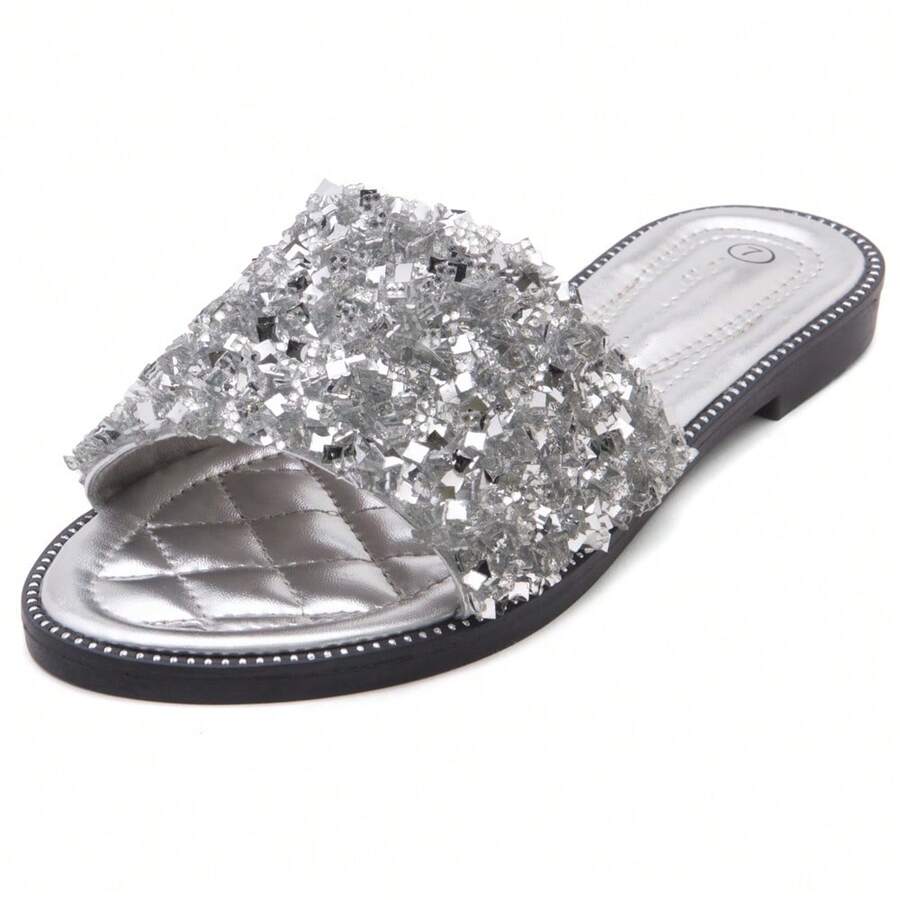 Women's Flat Sandals, Fashion Sparkly Slides, Open Toe Rhinestone ...