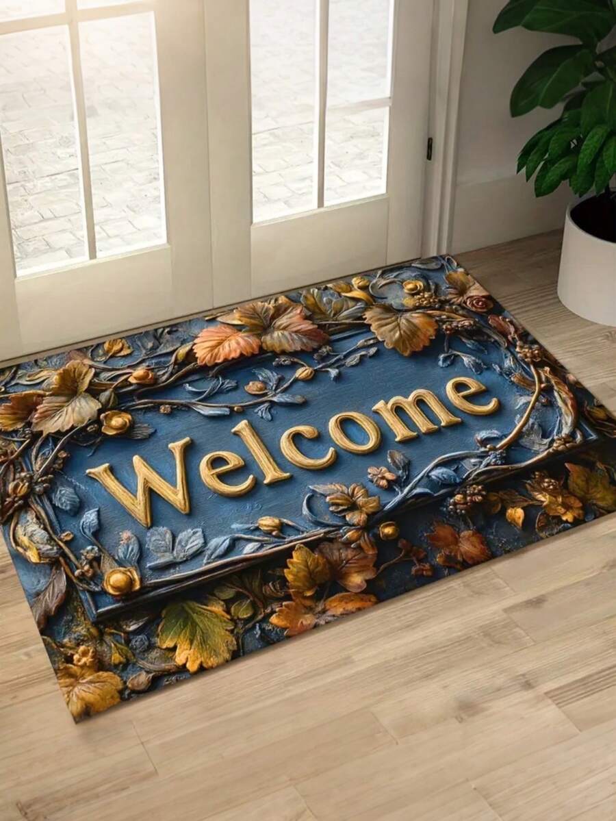 2025 Hot-Selling Blue Letter & Leaf Design Doormat, 1 Piece Outdoor ...
