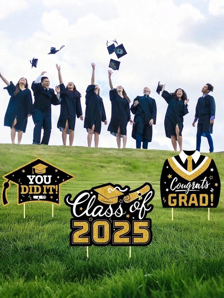 3PCS/1PC-Black Gold Graduation Class Of 2025 Yard Sign ...