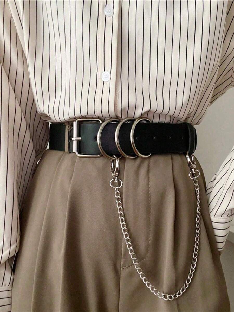 Punk Street Style Chain Decor Leather Belt, Versatile Fashion Waistbelt ...