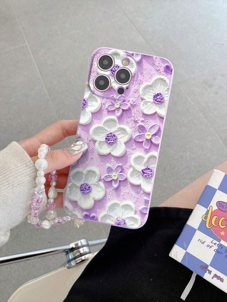 1pc Purple TPU Anti-Drop Flower Pattern Phone Case & 1pc Purple Diamond ...