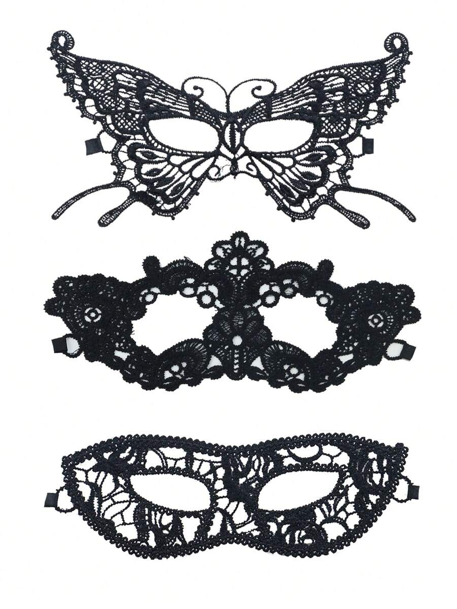 3pcs/Set Amorphous Black Lace Masks - Phoenix, Cyclops, And Mini Cone ...