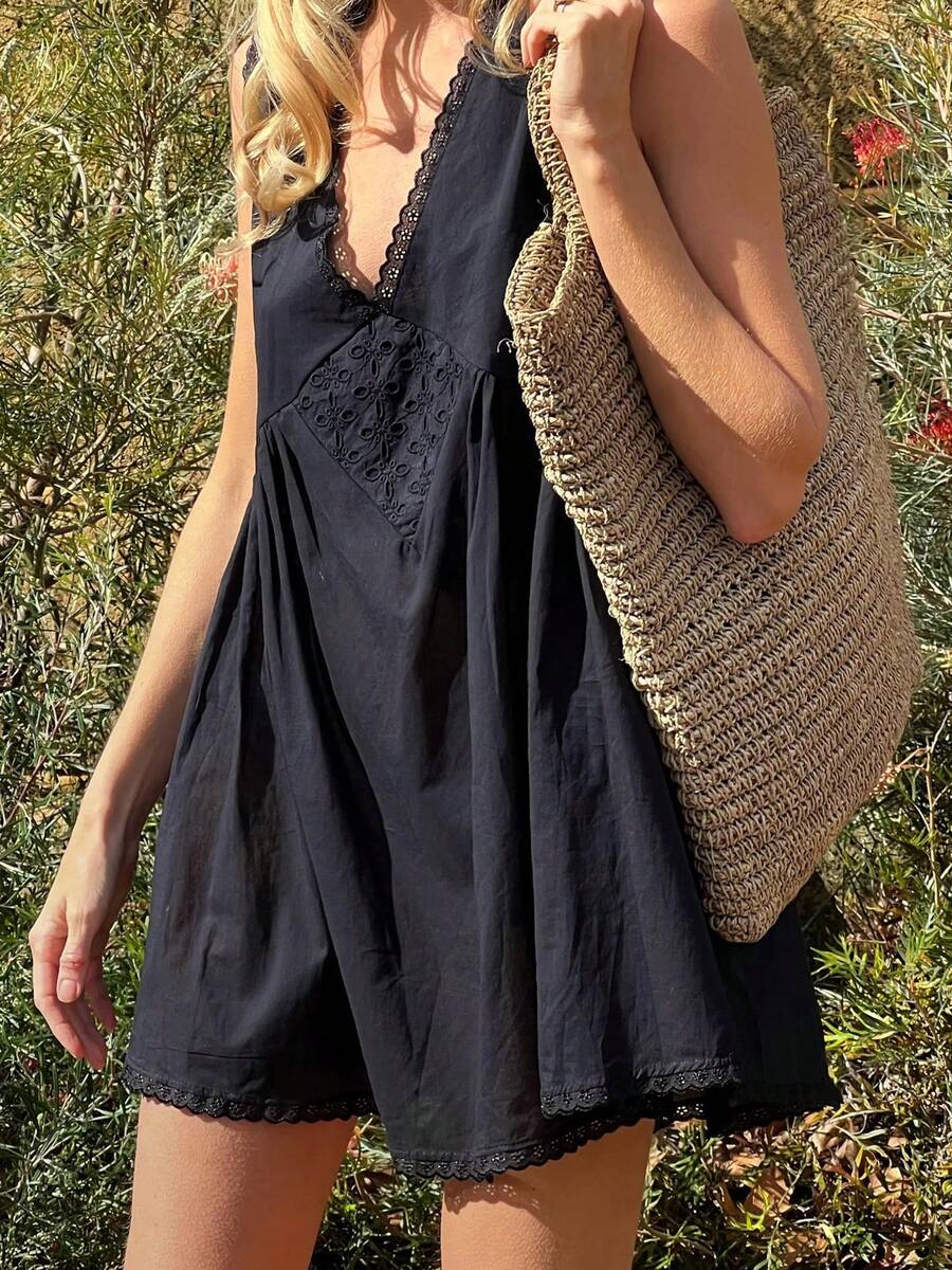 Women Summer Mini Tank Dress Sleeveless Deep V Neck Floral Eyelet Beach ...