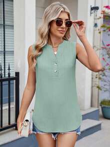 Women Solid Tunic Tank Tops Loose Notch V Neck Half Button-Down ...