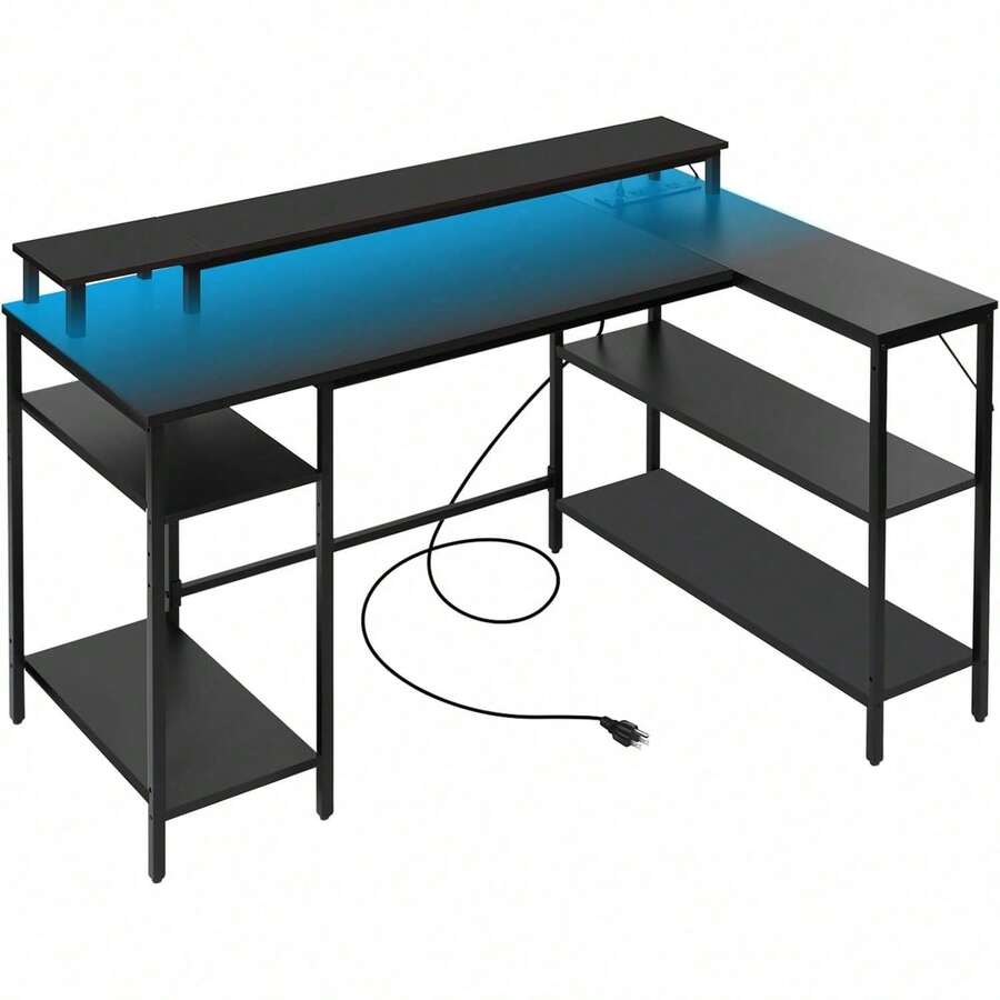 L Shaped Computer Desk With LED Lights And Power Outlet, Reversible ...