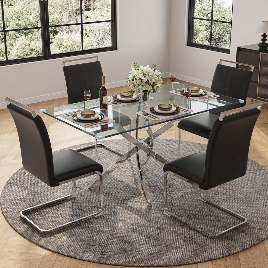[Only Table/Dining Table Set] 51"/63"Modern Rectangular Glass Dining ...