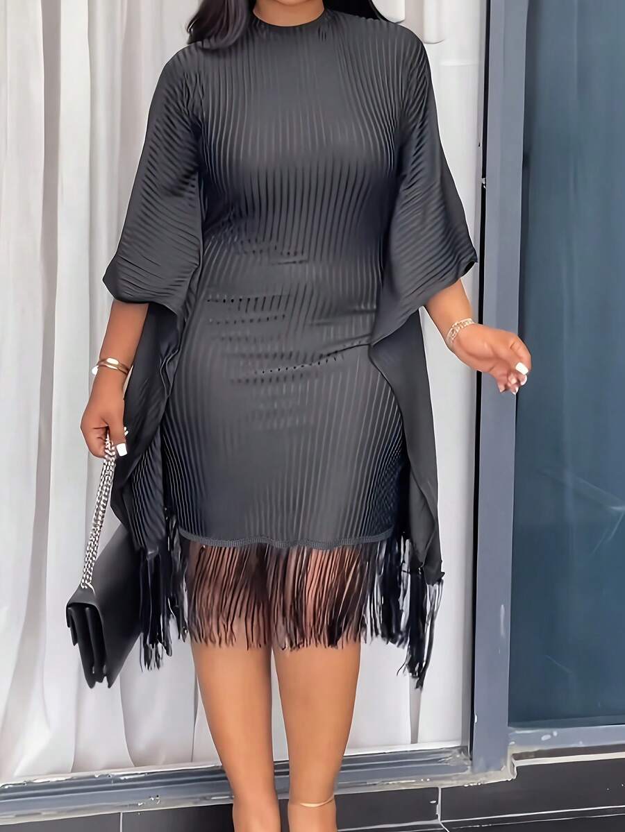 Round Neck Placket Sleeve Fringe Hem Shirt Dress | SHEIN USA