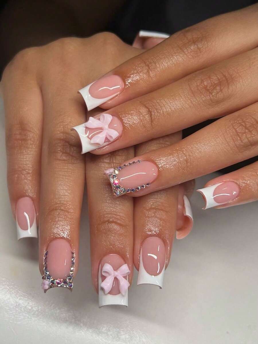 24pcs Short Square French Tip Nail Stickers, White Color With Summer ...