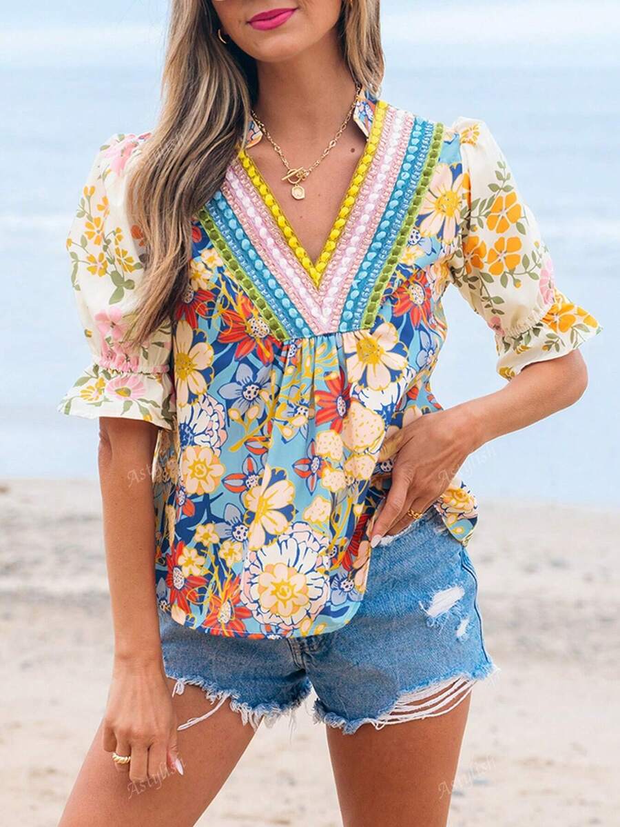Astylish Women's Cute Summer Tops Crochet Boho Floral V Neck Half ...