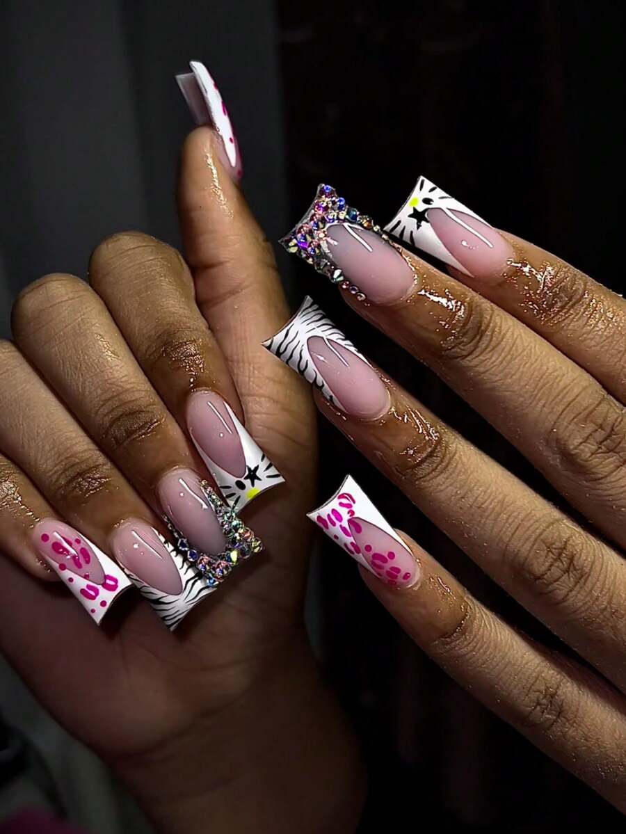 Duck Nails Press-On Nails White French Tip Fake Nails Coffin Nails ...